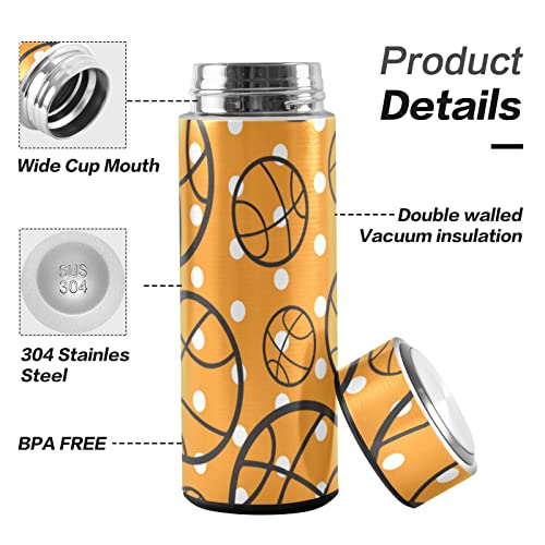 CaTaKu Basketball Polka Dots Water Bottle Insulated 16 oz Stainless Steel Flask Thermos Bottle for Coffee Water Drink Reusable Wide Mouth Vacuum Travel Mug Cup