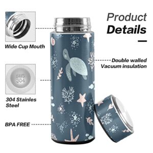 CaTaKu Cartoon Sea Fish Turtle Water Bottle Insulated 16 oz Stainless Steel Flask Thermos Bottle for Coffee Water Drink Reusable Wide Mouth Vacuum Travel Mug Cup