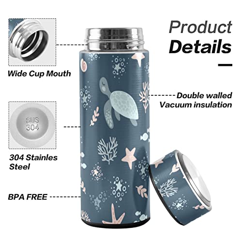 CaTaKu Cartoon Sea Fish Turtle Water Bottle Insulated 16 oz Stainless Steel Flask Thermos Bottle for Coffee Water Drink Reusable Wide Mouth Vacuum Travel Mug Cup