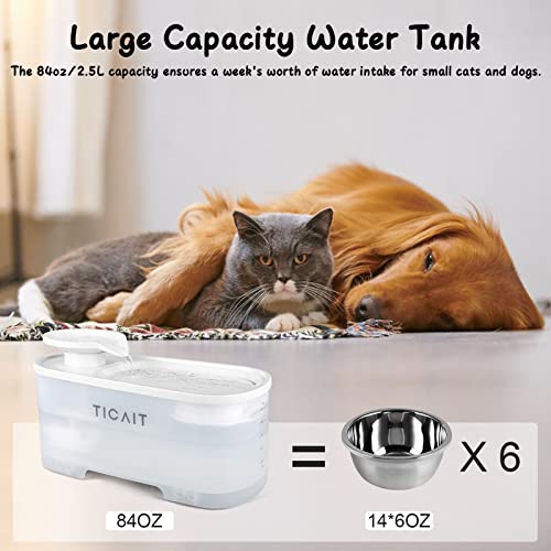 TICAIT Cat Water Fountain, 84oz/2.5L Automatic Pet Water Dispenser, BPA-Free, Ultra-Quiet Smart Pump with LED Light Water Bowl for Cats Dogs Multiple Pets (2 Filters Adapter)