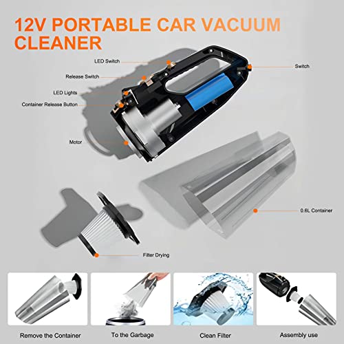 Car Vacuum Cleaner High Power,Yyton Portable Handheld Vacuum Cleaner up to 8000PA/120W/DC12V,Vacuum Cleaner with LED Light and Mutiple Accessories for Car Interior Cleaning Black