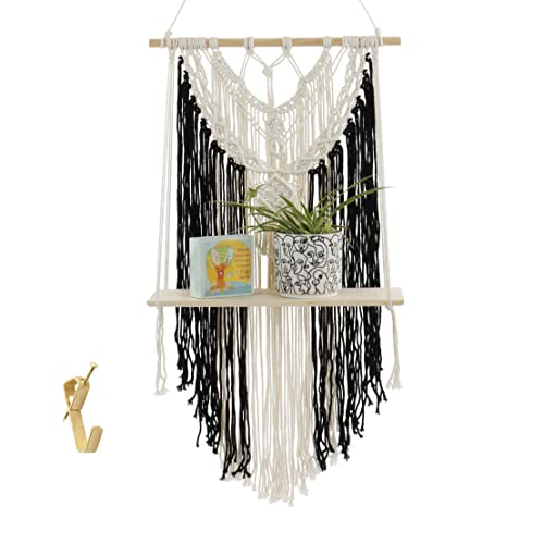 PlanterSam Macrame Wall Hanging with Removable Shelf - 100% Cotton Hanger for Indoor Plants - Aesthetic Room Decor and Hardware Included (Black)