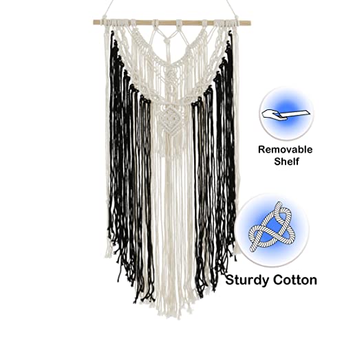 PlanterSam Macrame Wall Hanging with Removable Shelf - 100% Cotton Hanger for Indoor Plants - Aesthetic Room Decor and Hardware Included (Black)