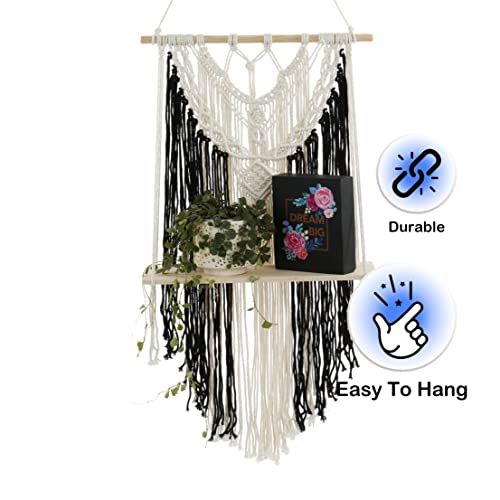 PlanterSam Macrame Wall Hanging with Removable Shelf - 100% Cotton Hanger for Indoor Plants - Aesthetic Room Decor and Hardware Included (Black)