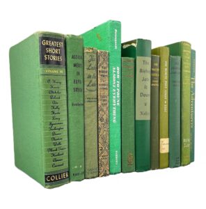 antique green books by color | real hardback books home decor | bulk bundle of decorative hardcovers for bookshelf interior design of homes, offices, weddings, or set props