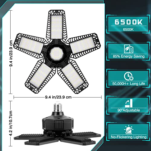 2 Pack LED Garage Lights, 160W 16500LM 6500K Deformable Garage Lights Ceiling LED Shop Lights for Garage with 5+1 Adjustable Panels for Garage Basement Workshop Support E26/E27 Screw Socket