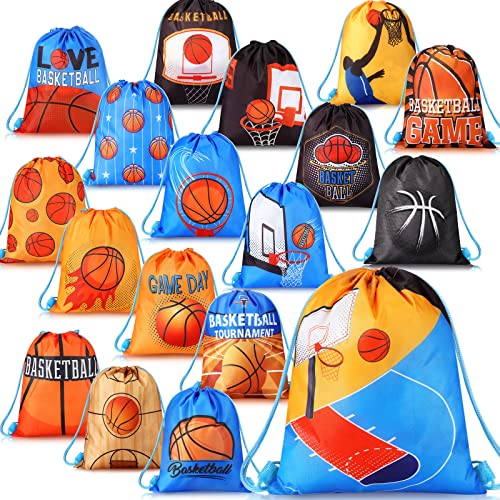 18 Pcs Basketball Party Favor Sports Drawstring Present Bags Travel Basketball Goodie Bags Basketball Gym Gift Bags for Kids (12 x 14 Inch)