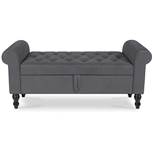 Polar Aurora Storage Bench with Upholstered Rolled Arm Ottoman Bench Couch w/Solid Wood Legs for Bedroom End of Bed, Entryway and Living Room (Gray)