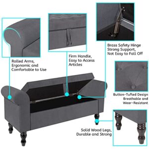 Polar Aurora Storage Bench with Upholstered Rolled Arm Ottoman Bench Couch w/Solid Wood Legs for Bedroom End of Bed, Entryway and Living Room (Gray)