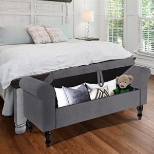 Polar Aurora Storage Bench with Upholstered Rolled Arm Ottoman Bench Couch w/Solid Wood Legs for Bedroom End of Bed, Entryway and Living Room (Gray)