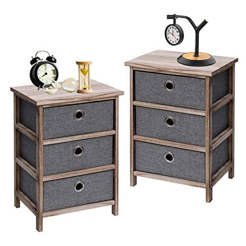 Babion Nightstands Set of 2, Bedside Tables for Bedroom Night Stand with Removable 3 Drawer Nightstand Gray Side Tables Bedroom Small Nightstand with Fabric Storage Drawers Wood Frame (Gray)