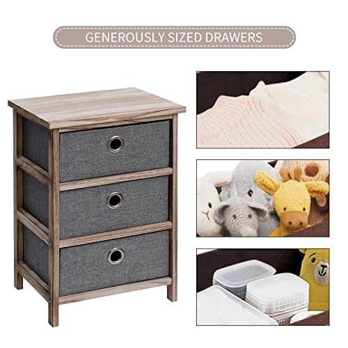 Babion Nightstands Set of 2, Bedside Tables for Bedroom Night Stand with Removable 3 Drawer Nightstand Gray Side Tables Bedroom Small Nightstand with Fabric Storage Drawers Wood Frame (Gray)