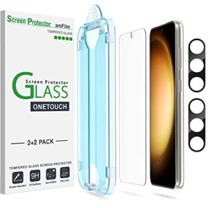 amfilm [2+2 pack onetouch tempered glass screen protector for samsung galaxy s23+/s23 plus 6.6 inch with camera lens protector, 9h hardness, easy installation and bubble free.