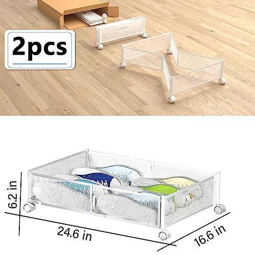 Femococ Under Bed Storage with Wheels, 2 Pack Under Bed Storage Containers Foldable Under Bed Wheeled Storage Space-Saving Solution for Shoes, Clothes & Blankets - White