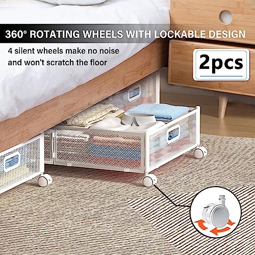 Femococ Under Bed Storage with Wheels, 2 Pack Under Bed Storage Containers Foldable Under Bed Wheeled Storage Space-Saving Solution for Shoes, Clothes & Blankets - White