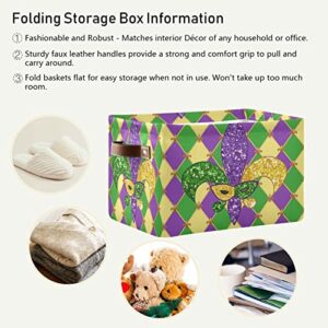 Mardi Gras Fleur De Lis Storage Basket Rhombus Carnival Mask Storage Organizer Box Bin Large Collapsible Cube Baskets with PU Handles for Shelf Closet Nursery Laundry 1 Pack