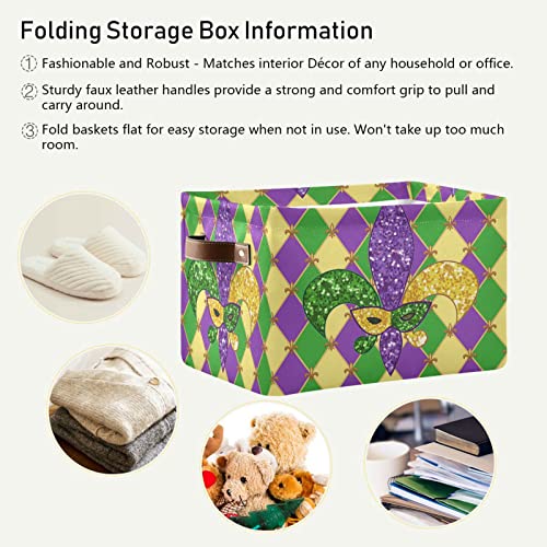 Mardi Gras Fleur De Lis Storage Basket Rhombus Carnival Mask Storage Organizer Box Bin Large Collapsible Cube Baskets with PU Handles for Shelf Closet Nursery Laundry 1 Pack