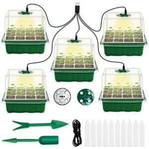 seed starter tray with grow light, 5 packs plant starter tray seedling starter kit with humidity domes base indoor greenhouse mini propagator station for seeds growing starting (12 cells per tray)