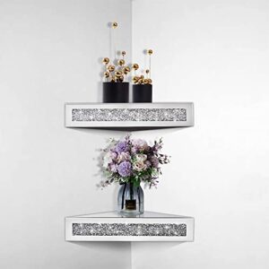 pibeyer crystal crush diamond silver floating corner shelf set of 2, decorative mirrored wall shelves, home decor wall art accent piece showcase 11.8" l×11.8" w×3.1" h