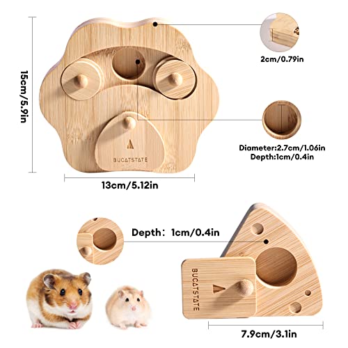 BUCATSTATE Hamster Foraging Toy 2PCS, Bamboo Enrichment Foraging Toy for Small Pet, Interactive Hide Treats Puzzle Game for Guinea Pig, Birds, Rabbits (Paw Shape & Cheese)