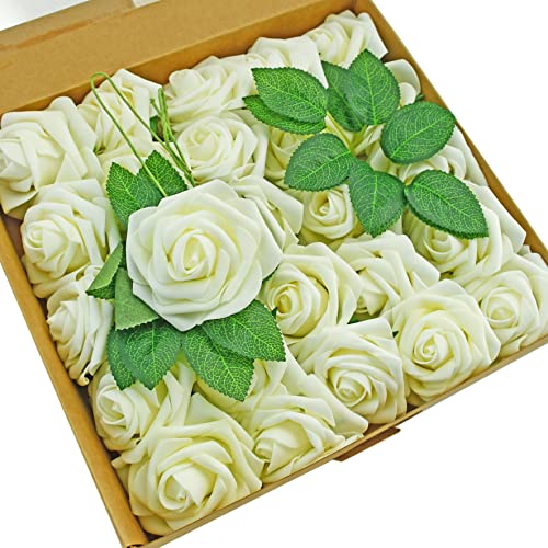 Mandy's 25pcs Ivory Artificial Rose Foam Flowers with Stem for Mother's Day DIY Wedding Bouquets Bridal Shower Centerpieces Party Home Decor