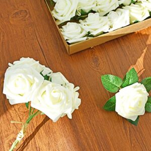 Mandy's 25pcs Ivory Artificial Rose Foam Flowers with Stem for Mother's Day DIY Wedding Bouquets Bridal Shower Centerpieces Party Home Decor