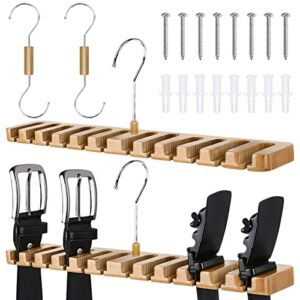 2 pack belt hanger for closet 2 in 1 wooden belt organizer wall mount belt holder storage belt rack display tie rack hooks with through-the-wall nails/360°swivel hook belt holder for closet wall door