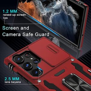 DEERLAMN for Samsung Galaxy S23 Ultra Case with Slide Camera Cover,Built-in Rotated Ring Kickstand [Full Camera Protection] [Military Grade] Heavy Duty Shockproof Protective Case Cover-Red