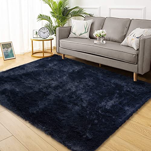 COZYLOOM Shag Area Rug, Indoor Ultra Soft Fluffy Plush Rugs Non-Slip Thick Indoor Shaggy Rug for Living Room, Bedroom, Nursery, Dining Room Entryway Throw Carpet Accent Area Rug 6 x 9 ft, Navy