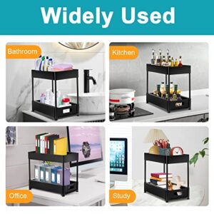 Vutlue Under Sink Organizers and Storage, 2 Tier Stackable Under Sink Cabinet Organizer with Sliding Storage Drawer and 4 Hooks, Multi-Purpose Pull Out Under Sink Organizers for Bathroom, Kitchen