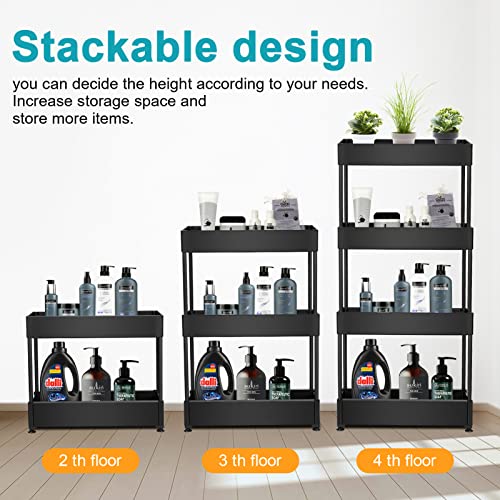 Vutlue Under Sink Organizers and Storage, 2 Tier Stackable Under Sink Cabinet Organizer with Sliding Storage Drawer and 4 Hooks, Multi-Purpose Pull Out Under Sink Organizers for Bathroom, Kitchen