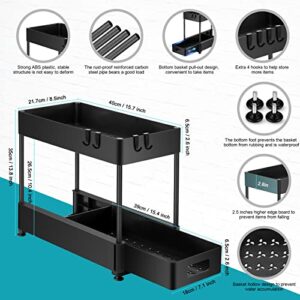 Vutlue Under Sink Organizers and Storage, 2 Tier Stackable Under Sink Cabinet Organizer with Sliding Storage Drawer and 4 Hooks, Multi-Purpose Pull Out Under Sink Organizers for Bathroom, Kitchen