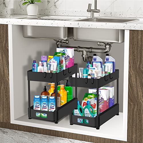 Vutlue Under Sink Organizers and Storage, 2 Tier Stackable Under Sink Cabinet Organizer with Sliding Storage Drawer and 4 Hooks, Multi-Purpose Pull Out Under Sink Organizers for Bathroom, Kitchen