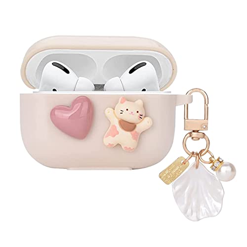 Cute Kawaii AirPod Pro Case with Shell Pearl Keychain Love Heart Cat Design Silicone TPU Cover Compatible with AirPods Pro Case for Women and Girls