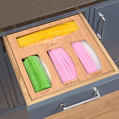 aanch Bamboo Ziplock Bag Organizer for Kitchen Drawer, Easy to use Baggie Storage Organizer, Compatible with Gallon, Quart, Sandwich and Snack