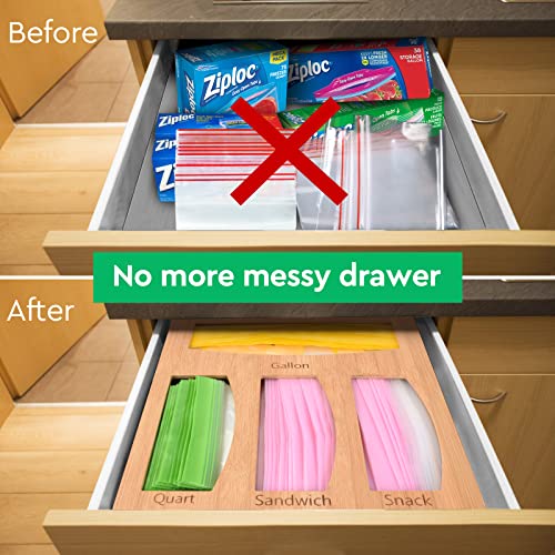 aanch Bamboo Ziplock Bag Organizer for Kitchen Drawer, Easy to use Baggie Storage Organizer, Compatible with Gallon, Quart, Sandwich and Snack