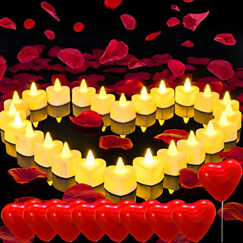 Homemory Romantic Night For Her Set, 1000Pcs Artificial Rose Petals | 30Pcs Burgundy Heart Balloon | 24Pcs Battery Candles, Heart Tea Lights Candles for Romantic Night, Valentine, Wedding, Anniversary