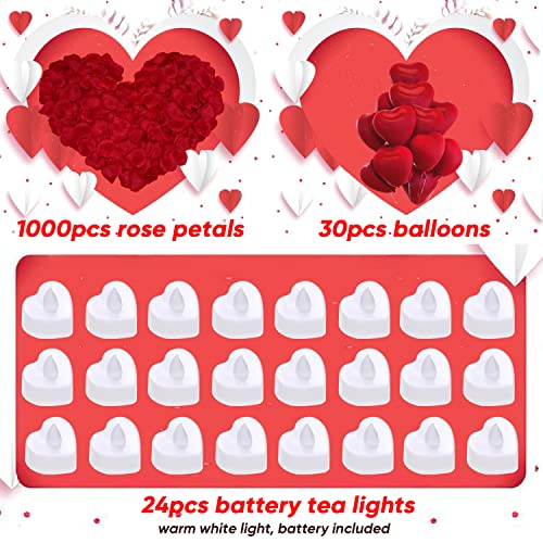 Homemory Romantic Night For Her Set, 1000Pcs Artificial Rose Petals | 30Pcs Burgundy Heart Balloon | 24Pcs Battery Candles, Heart Tea Lights Candles for Romantic Night, Valentine, Wedding, Anniversary