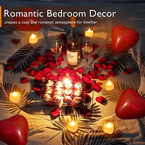 Homemory Romantic Night For Her Set, 1000Pcs Artificial Rose Petals | 30Pcs Burgundy Heart Balloon | 24Pcs Battery Candles, Heart Tea Lights Candles for Romantic Night, Valentine, Wedding, Anniversary