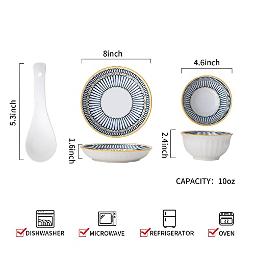 Binvertaocier 12-Piece Porcelain 27 Oz Plates and Bowls Sets for 4 with Spoons,Ceramic Dinnerware Set of 4,8 Inch Pasta Bowls Set for 4,Salad Plates,Pasta Plates Dinner Bowls,Gifts for Housewarming