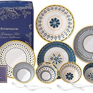 Binvertaocier 12-Piece Porcelain 27 Oz Plates and Bowls Sets for 4 with Spoons,Ceramic Dinnerware Set of 4,8 Inch Pasta Bowls Set for 4,Salad Plates,Pasta Plates Dinner Bowls,Gifts for Housewarming