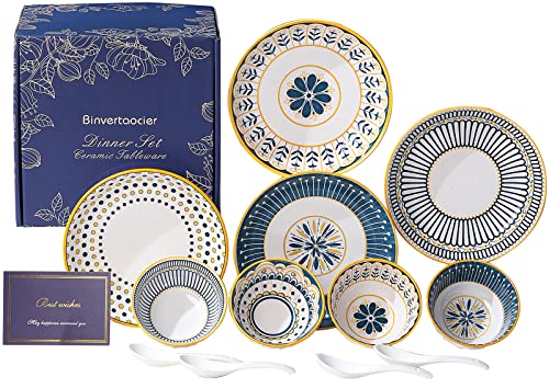 Binvertaocier 12-Piece Porcelain 27 Oz Plates and Bowls Sets for 4 with Spoons,Ceramic Dinnerware Set of 4,8 Inch Pasta Bowls Set for 4,Salad Plates,Pasta Plates Dinner Bowls,Gifts for Housewarming