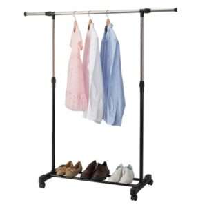 karl home adjustable standard rod clothes rack on wheels, simple freestanding garment rack rolling metal clothing organizer for coat hanging dorm bedroom black silver