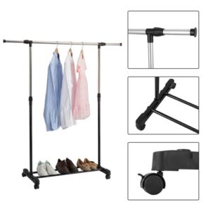 Karl home Adjustable Standard Rod Clothes Rack on Wheels, Simple Freestanding Garment Rack Rolling Metal Clothing Organizer for Coat Hanging Dorm Bedroom Black Silver