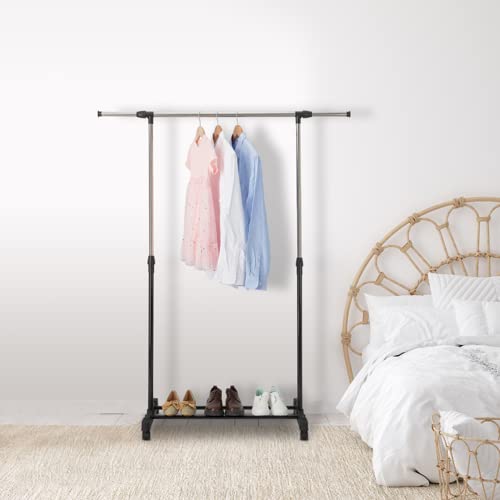 Karl home Adjustable Standard Rod Clothes Rack on Wheels, Simple Freestanding Garment Rack Rolling Metal Clothing Organizer for Coat Hanging Dorm Bedroom Black Silver