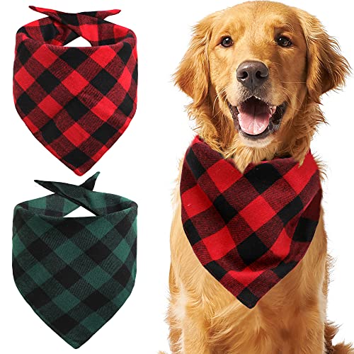 2 Pack Dog Bandana Christmas Pet Triangle Classic Plaid Scarves Thanksgiving Dog Scarfs for Small Medium Large Dogs Adjustable Dogs Bibs Scarfs for Girl and Boy(Large, Green Grid and Red Grid)