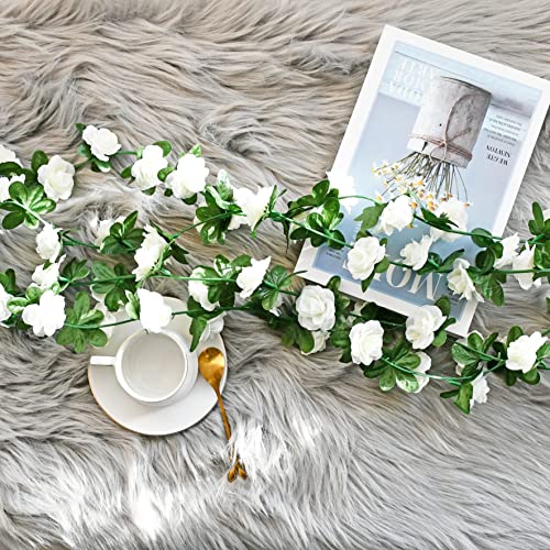 ONLY ART 5pcs White Silk Rose Vine Garland 41ft Artificial Flowers for Mother's Day Home Wedding Party Special Event Decorations