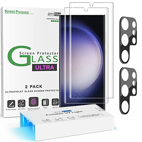 amFilm Compatible with Samsung Galaxy S23 Ultra Screen Protector Tempered Glass and Camera Lens Protector 5G 6.8 inch, Fingerprint Sensor Compatible, UV Gel Adhesive Installation(2 Pack)