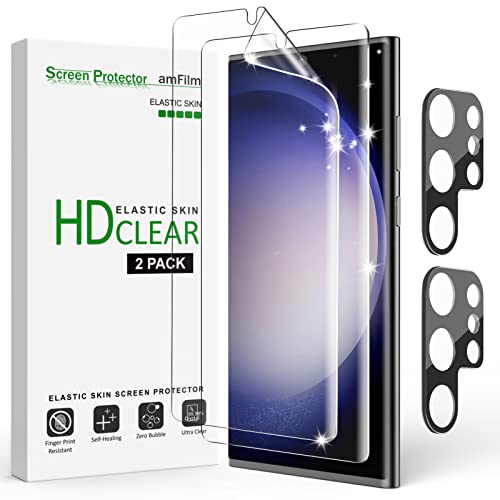 amFilm [2+2 Pack Compatible with Samsung Galaxy S23 Ultra Screen Protector n Camera Lens Protector 5G 6.8", Fingerprint ID Compatible, with Easy Installation Tool, HD Clear, TPU Film Full Coverage