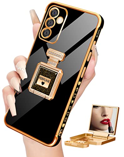 Buleens for Galaxy A13 5G Case with Metal Perfume Bottle Mirror Stand, Cute Women Girly Heart Cases for Samsung Galaxy A13 5G Case, Elegant Luxury Phone Cover for Samsung A13 5G Case 6.5'' Black